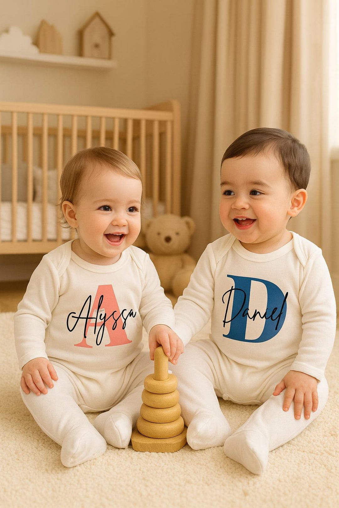Custom Baby Sleepsuit for Photos – Name & Initial Print, Neutral Unisex ...