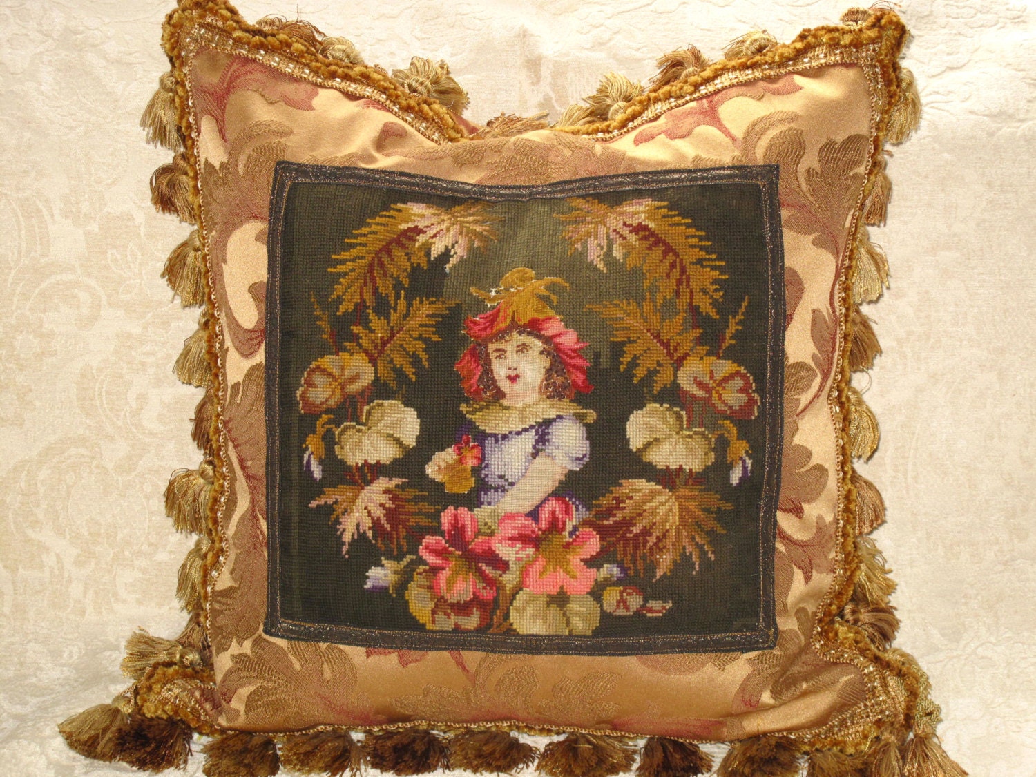 19th C Antique Victorian Needlepoint Tapestry Pillow of Girl - Woolwork ...