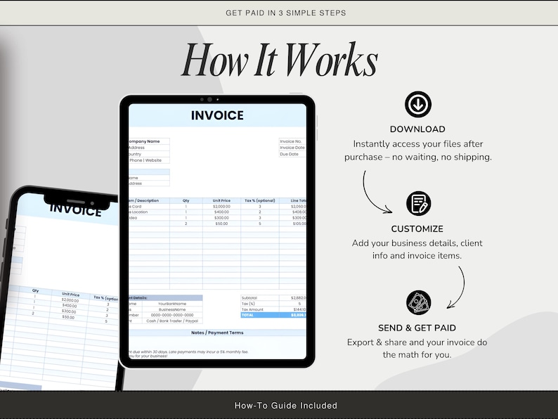 Editable Invoice Template Small Business Excel Google Sheets PDF Blue ...