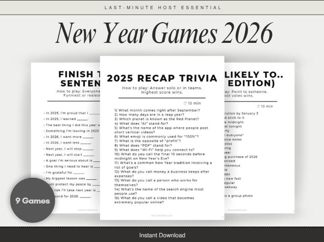 New Years Games 2026 Party Adults & Family Mobile Friendly Printable ...