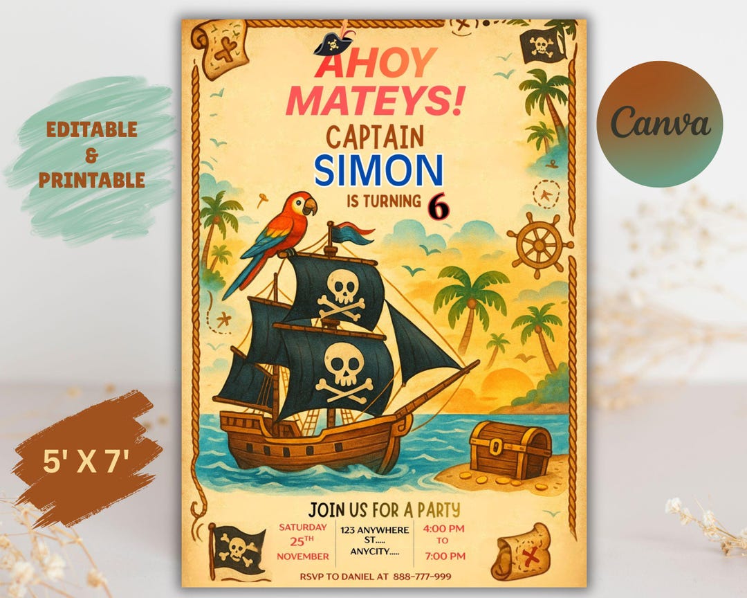 Ahoy Matey Pirate Birthday Invitation, Kids Party (canva Editable ...