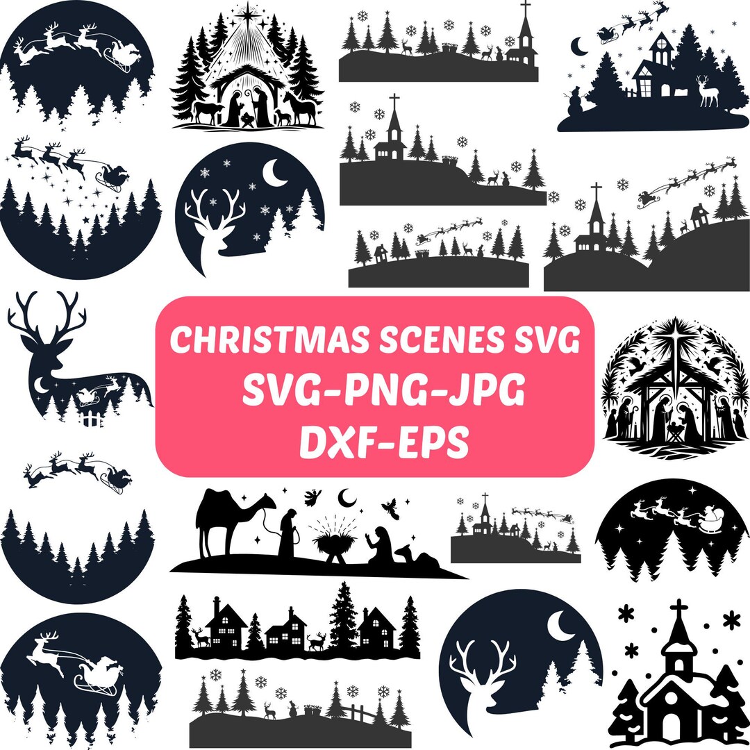 Christmas Scene SVG Bundle: Santa, Reindeer, Winter Pines (digital ...
