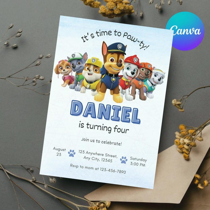 Editable Paw-ty Birthday Invitation Template | Puppy Patrol Pup Crew ...