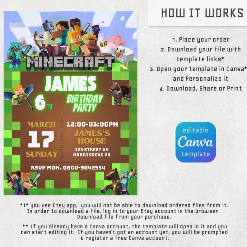 Editable Pixel Birthday Invitation Block Party Invite Gamer Birthday ...
