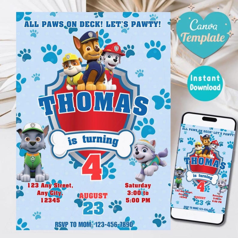 Editable Paw-ty Birthday Invitation Template | Puppy Patrol Pup Crew ...