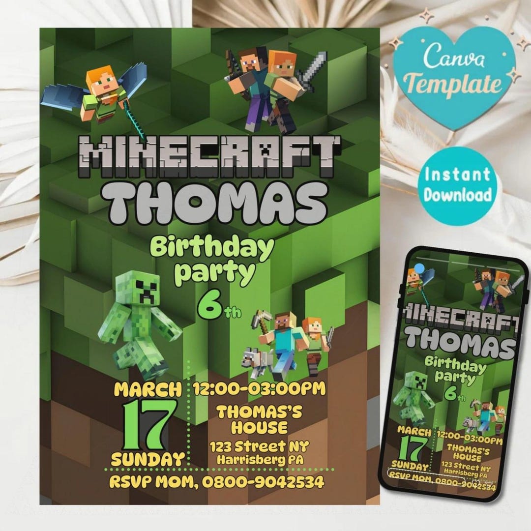 Editable Pixel Birthday Invitation Block Party Invite Gamer Birthday ...