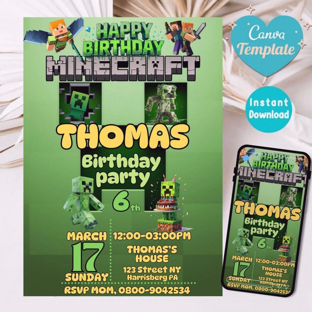 Editable Pixel Birthday Invitation Block Party Invite Gamer Birthday ...