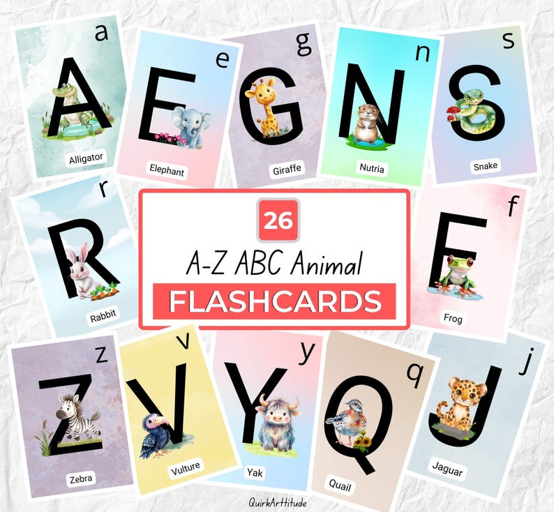 A-Z ABC Animal Flashcards for Kids, Illustrated Alphabet Learning Flash ...