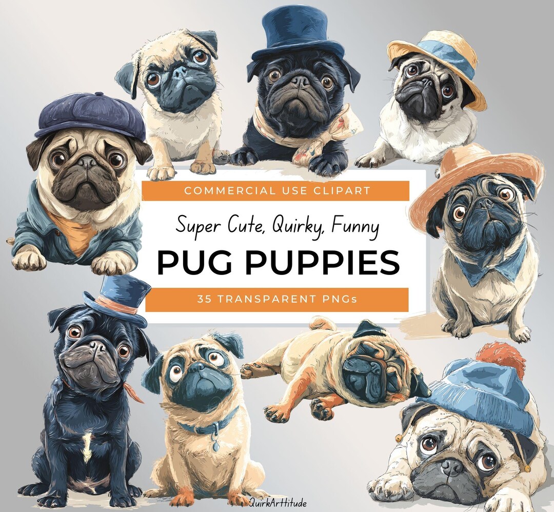 Cute Pug Puppies Clipart, Cute Pug T-shirt Design, Cute Pug Dogs, Pug ...