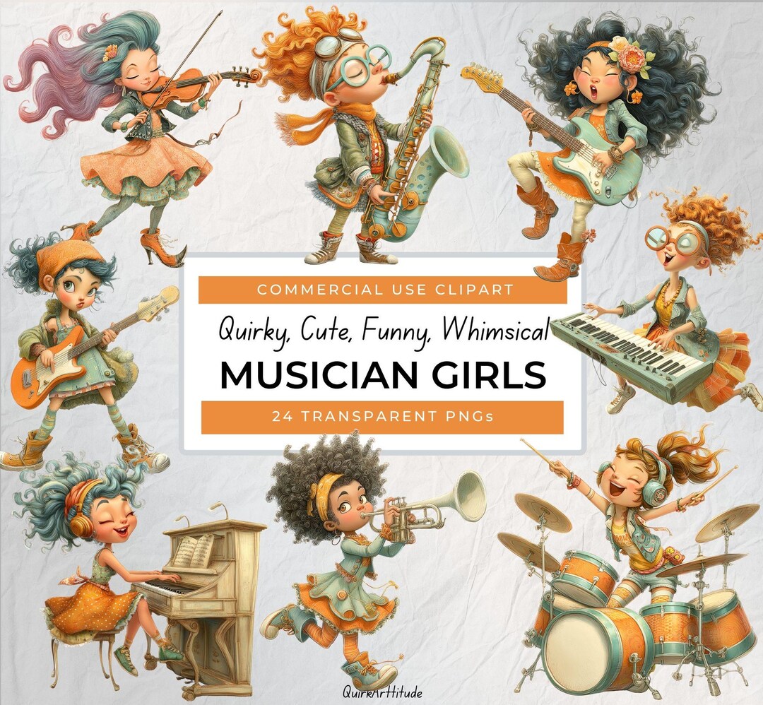 Quirky Musician Girl Playing Guitar, Cute Girl Playing Piano Clipart ...