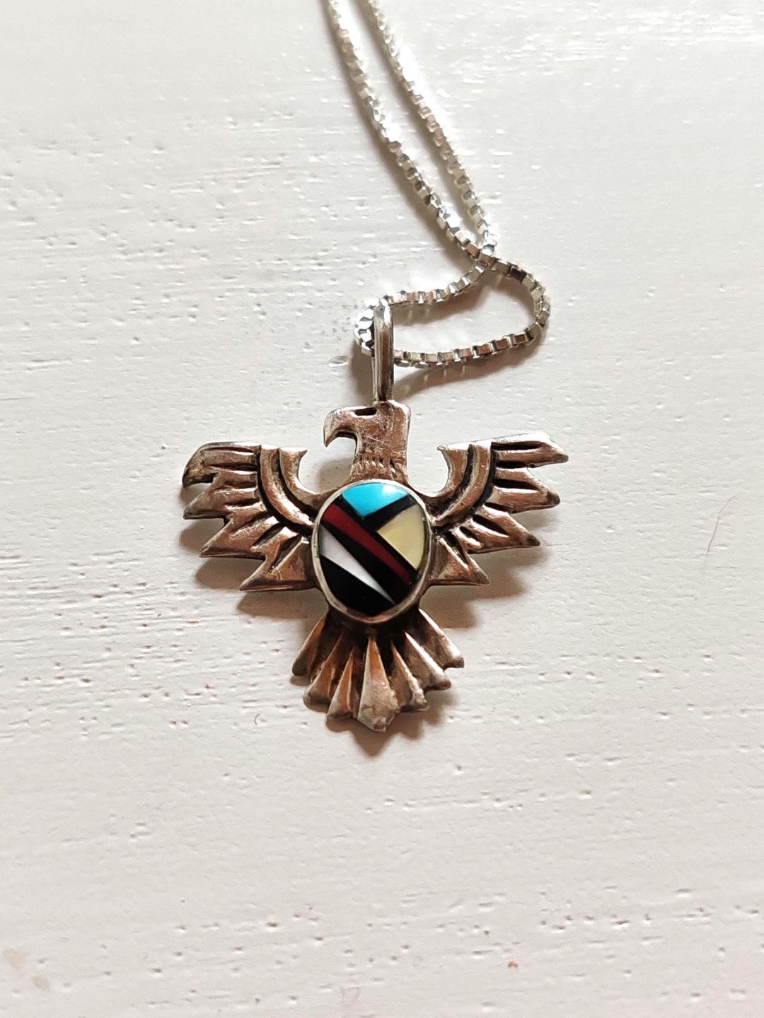 Vintage Zuni Thunderbird Sterling Silver Inlay Pendant - Native ...