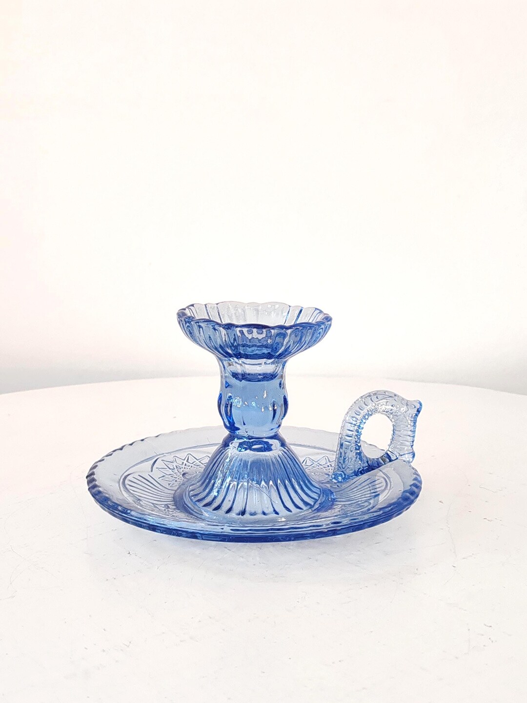 Vintage Cool Blue Victorian Pressed Glass Chamberstick Candle Holder ...