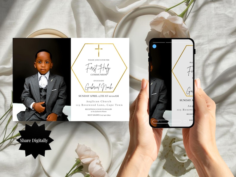 First Holy Communion Invitation Template | Gold Photo Communion Invite ...