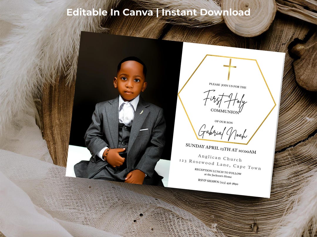 First Holy Communion Invitation Template | Gold Photo Communion Invite ...