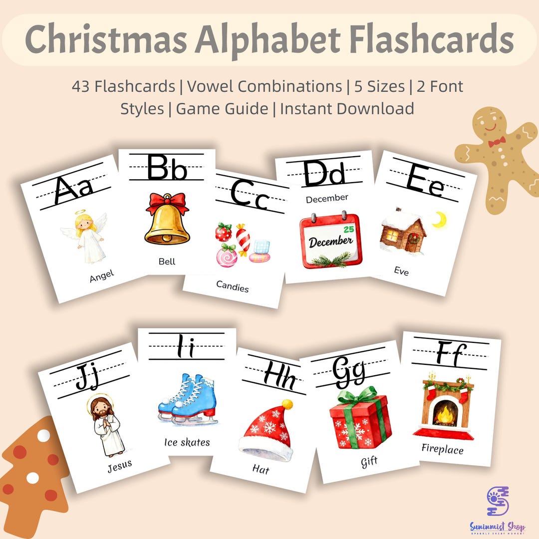 Christmas Alphabet Flashcards, Holiday ABC Learning, Phonics Cards ...