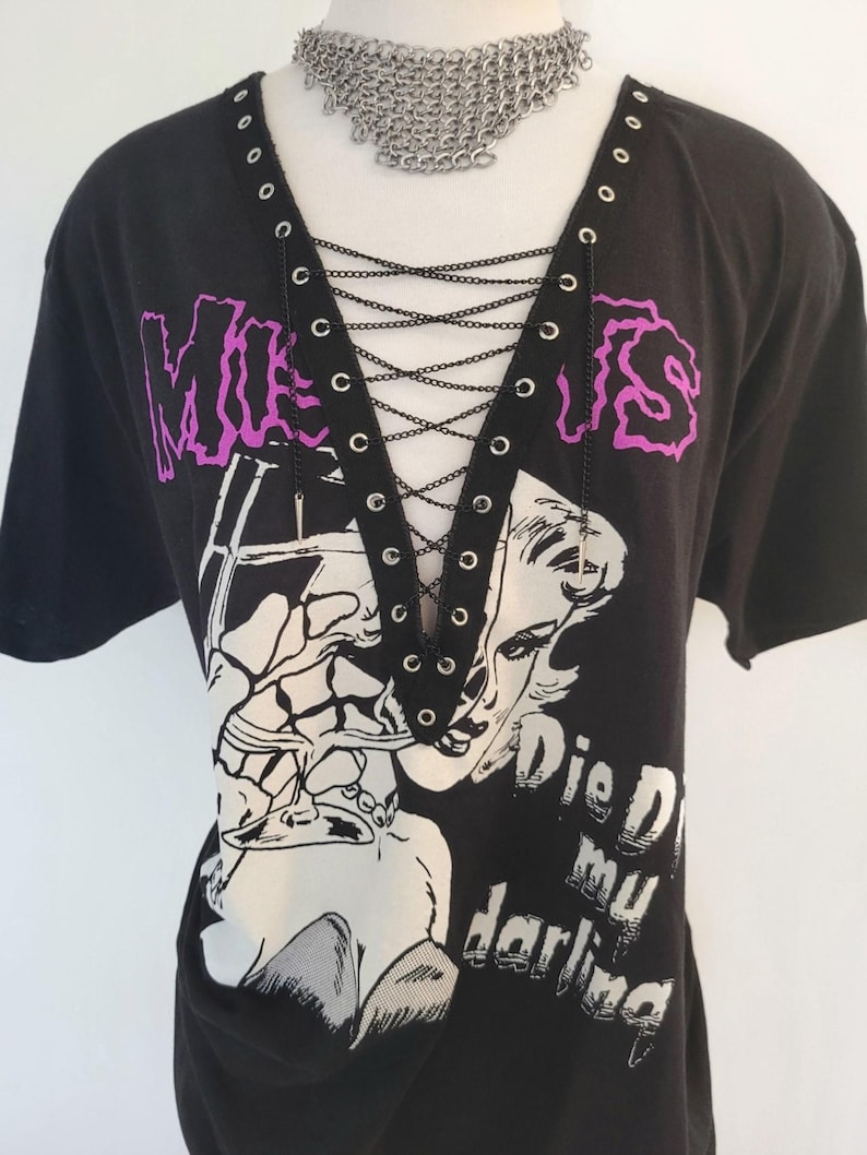 Misfits Black Chain Lace up Band T Shirt Top - Punk Rock, Grunge ...