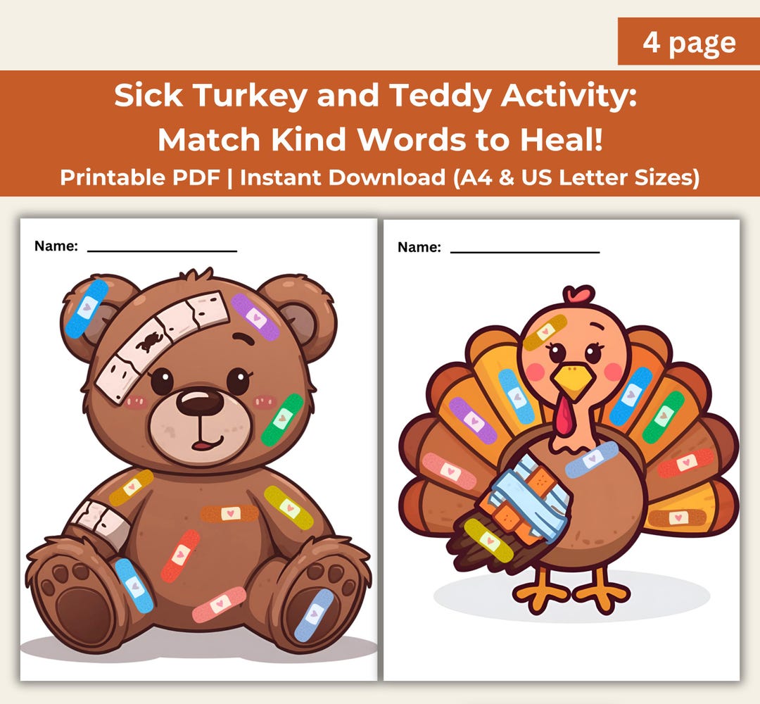 Thanksgiving Matching Game: Sick Turkey & Teddy Bear Activity (PDF ...