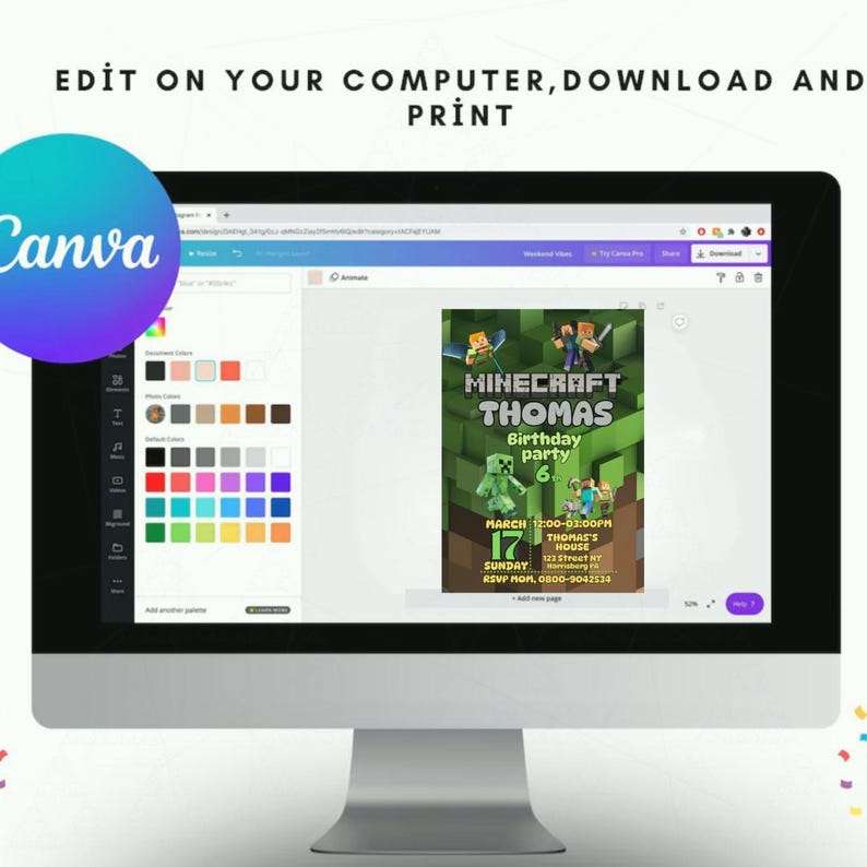 Editable Pixel Birthday Invitation Block Party Invite Gamer Birthday ...