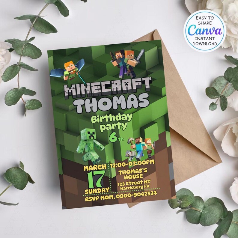 Editable Pixel Birthday Invitation Block Party Invite Gamer Birthday ...