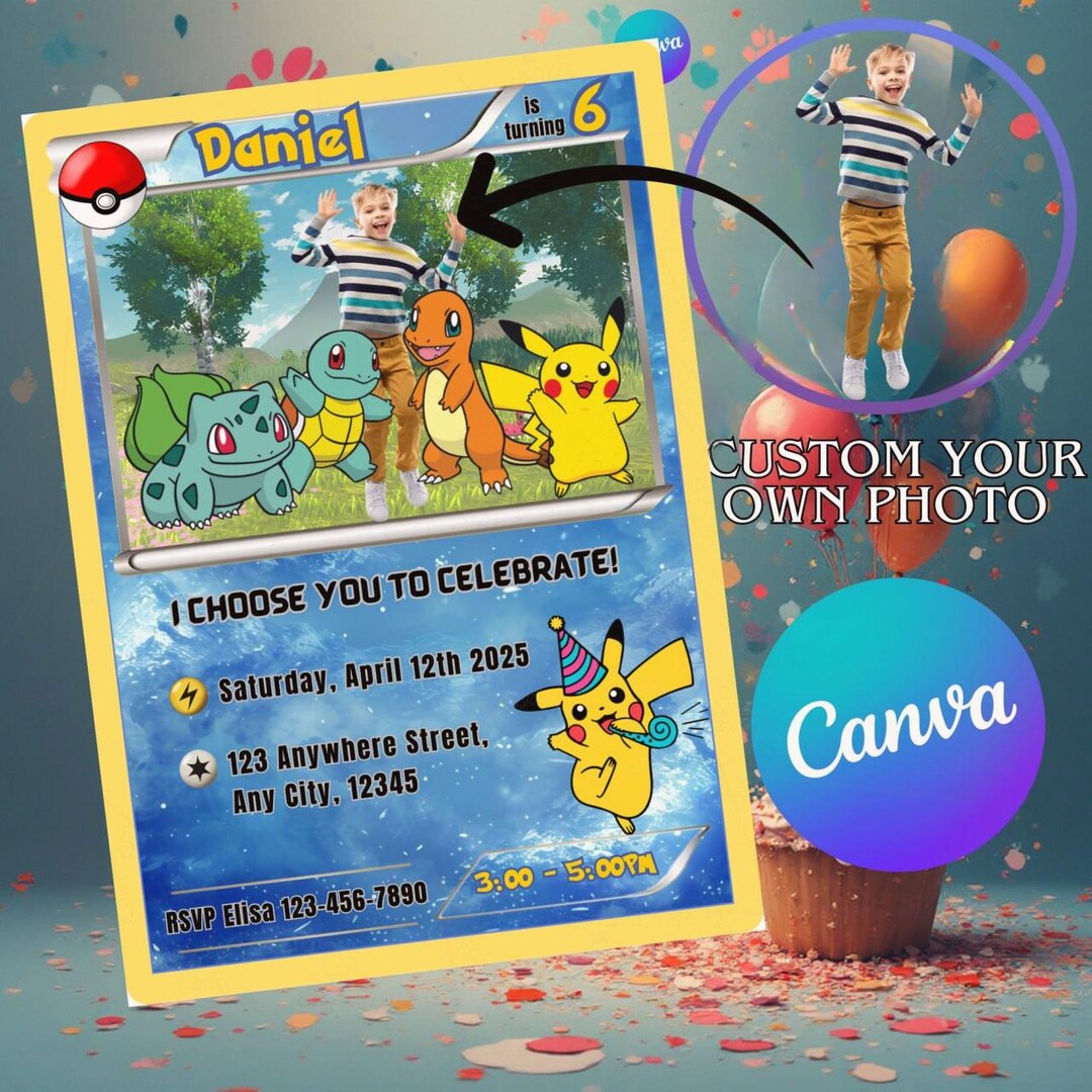Personalized Pokémon Birthday Card, Red Yellow Cartoon Style, Editable ...
