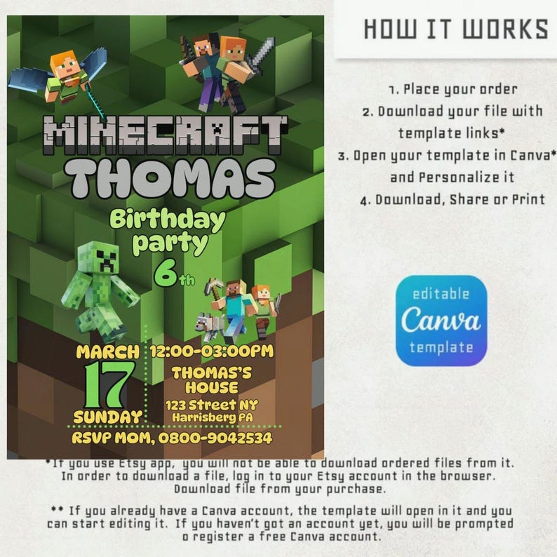 Editable Pixel Birthday Invitation Block Party Invite Gamer Birthday ...