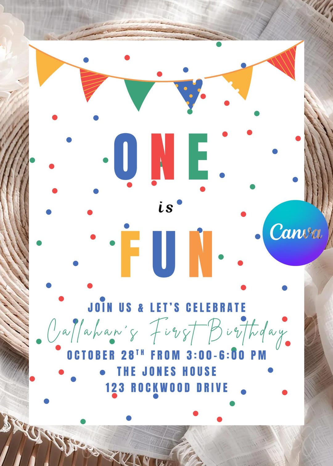 One is Fun 1st Birthday Invitation Template, Gender Neutral First ...