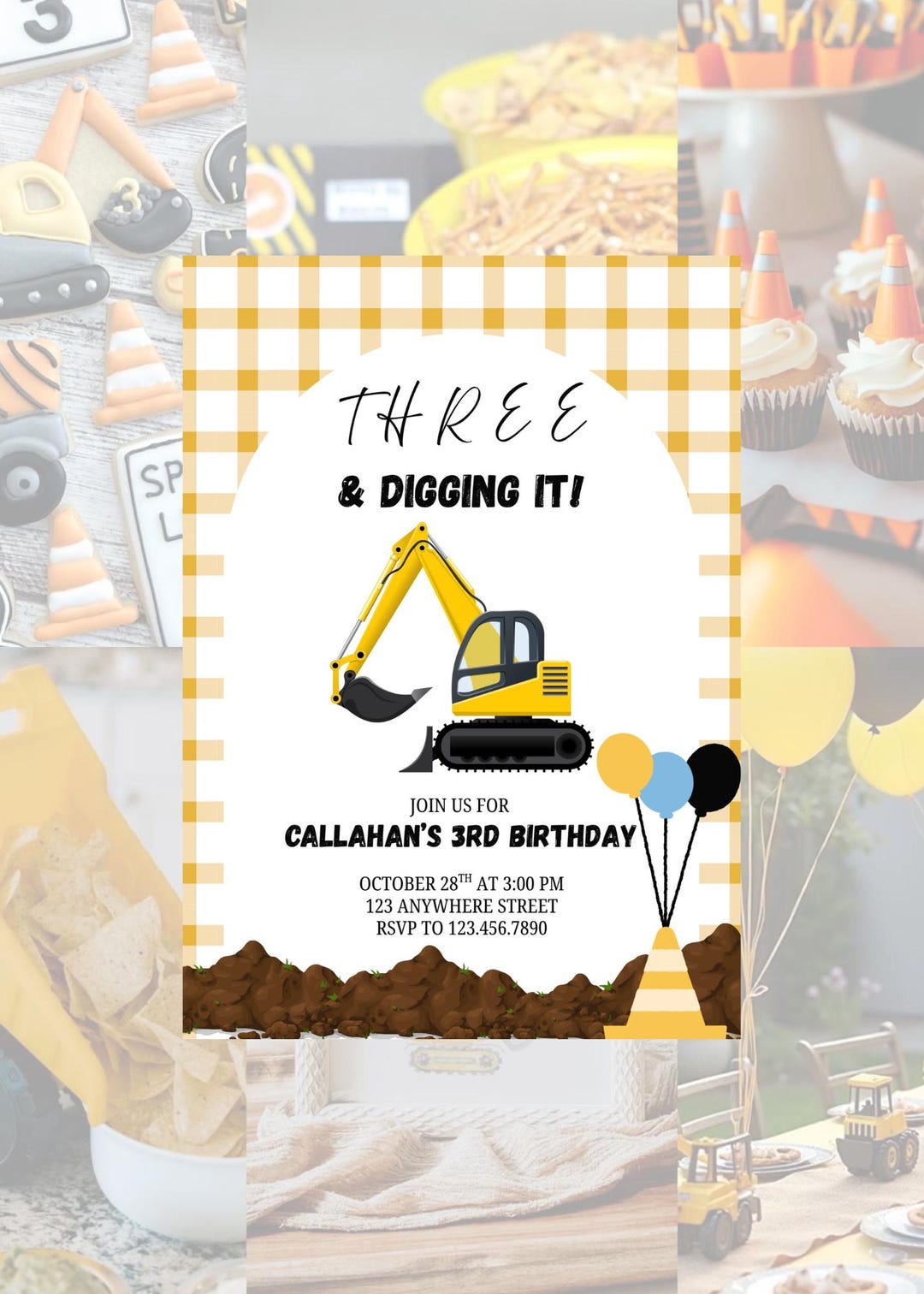 Construction Birthday Invitation- Third Birthday Excavator Invite ...