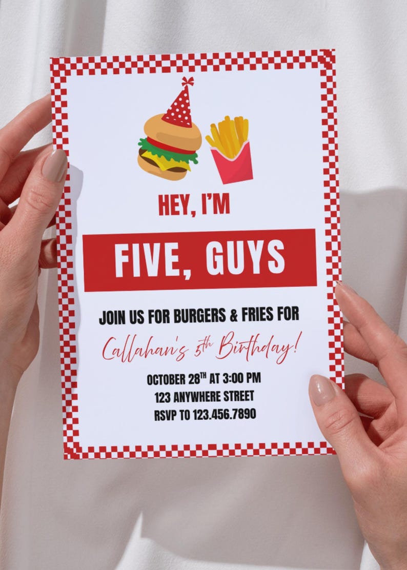 Five Guys Birthday Party Invitation, 5th Birthday Invite, Fifth ...