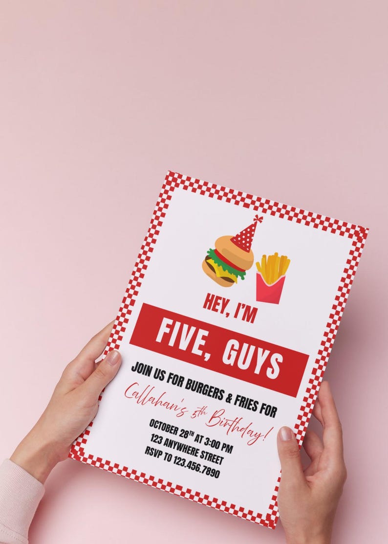 Five Guys Birthday Party Invitation- 5th Birthday Invite- Fifth ...
