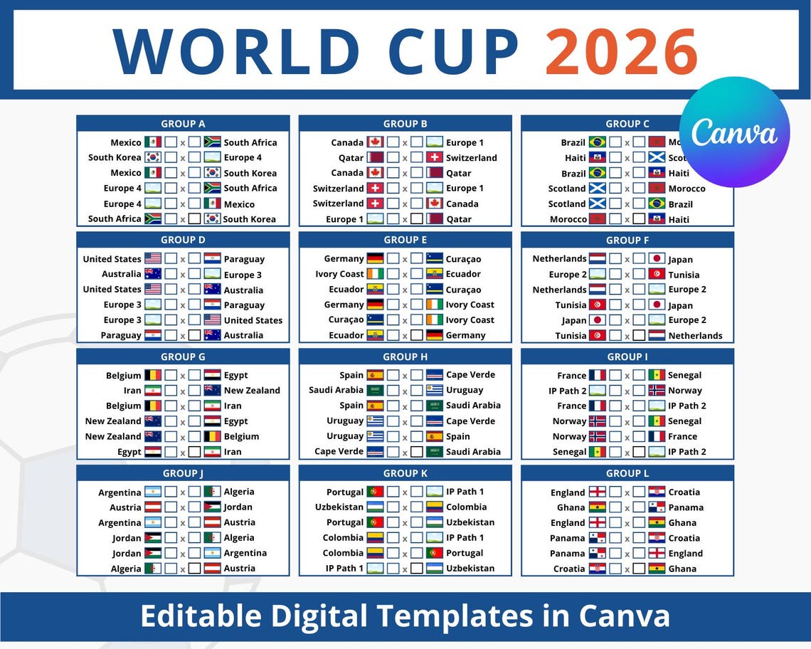 2026 World Cup Editable Wall Chart Printable Template for Canva - Etsy