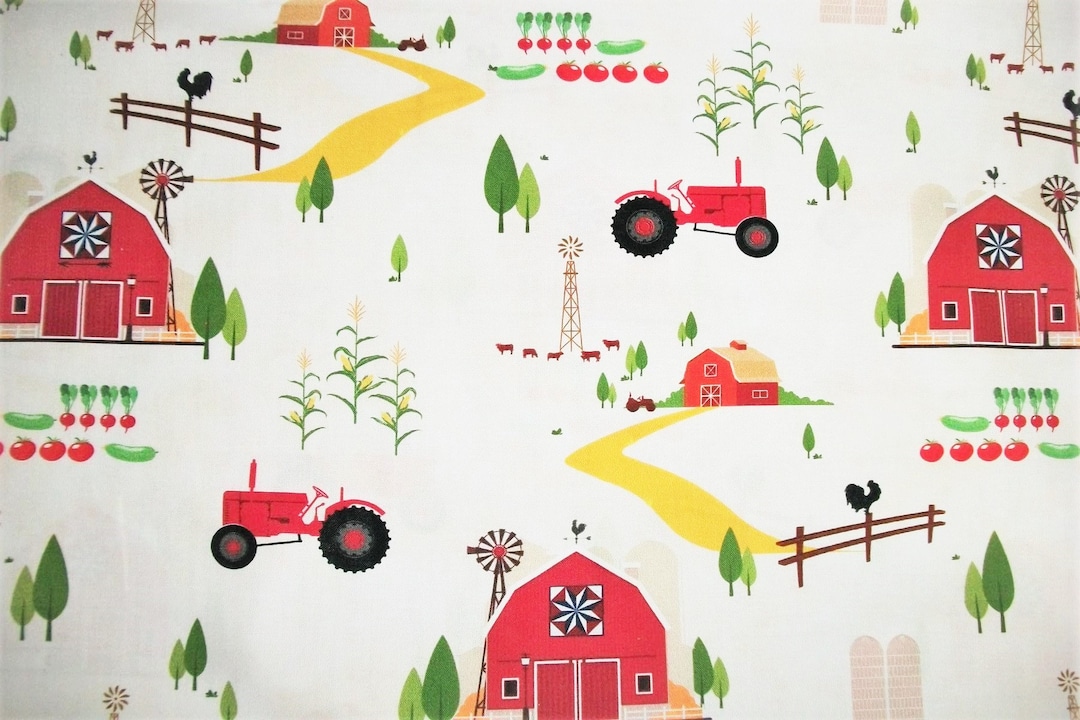 Country Fabric, Farm Fabric, Quilt Barn Fabric, by the Yard, Red Barn ...