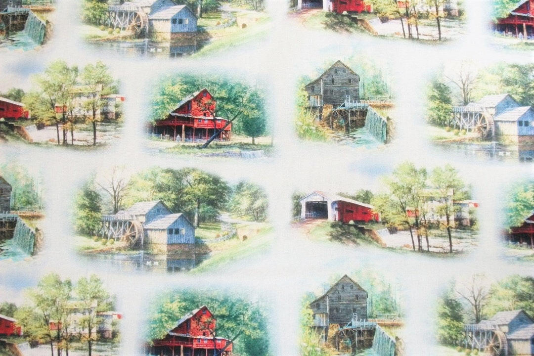Covered Bridge Fabric Country Fabric Old Mill Fabric by the - Etsy