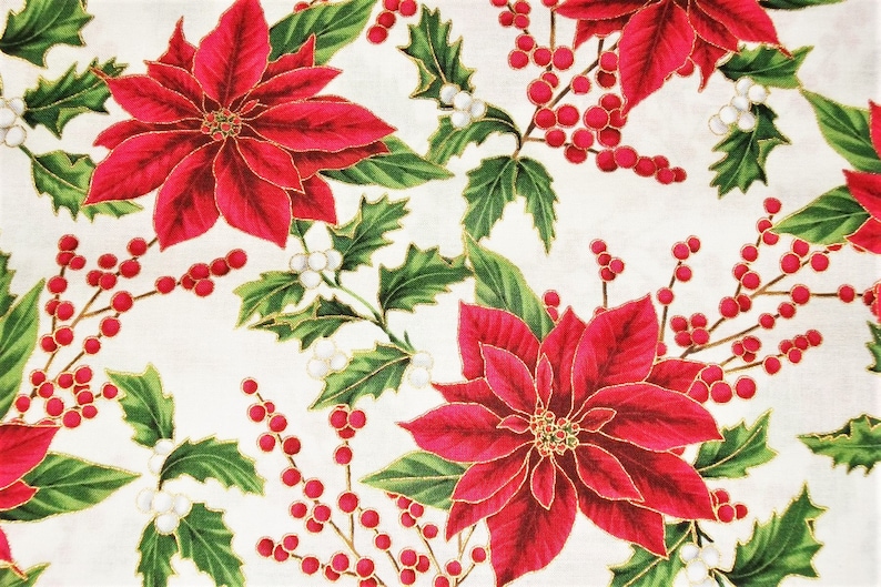 Poinsettia Fabric Christmas Fabric by the Yard Winter | Etsy