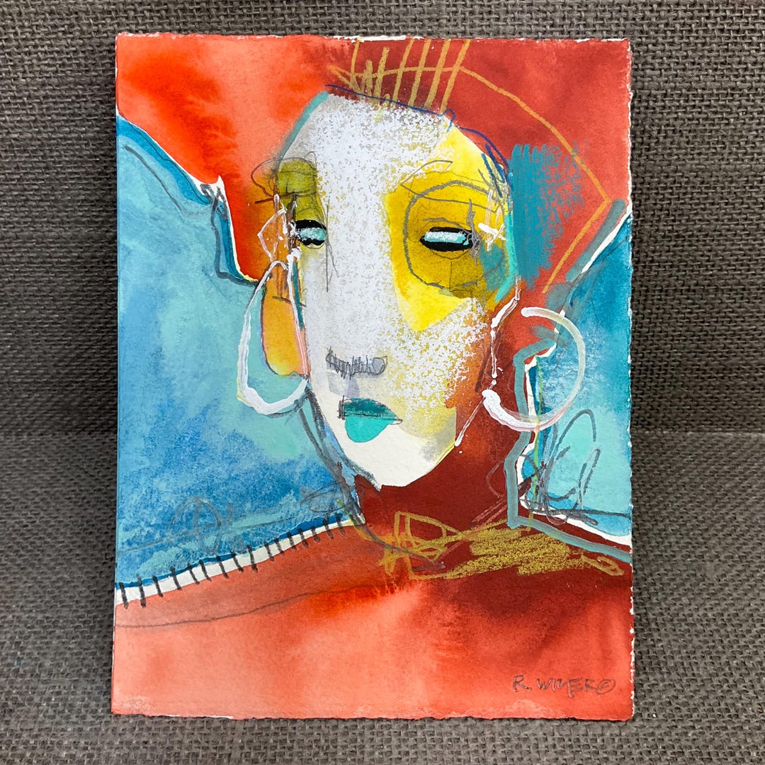 Hand Painted Abstract Head Study, Unique Mixed Media Portrait on Heavy ...