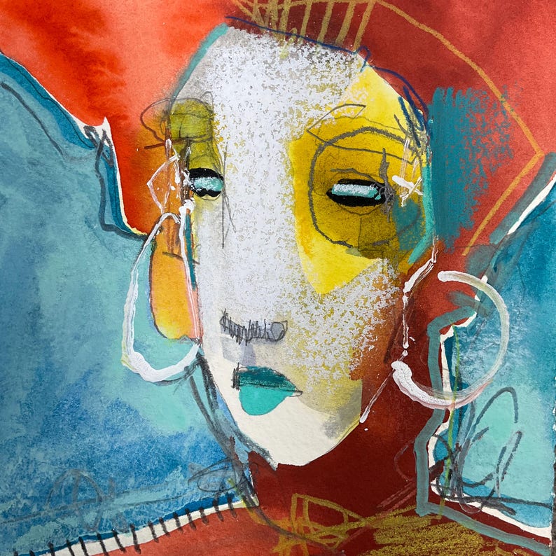 Hand Painted Abstract Head Study, Unique Mixed Media Portrait on Heavy ...