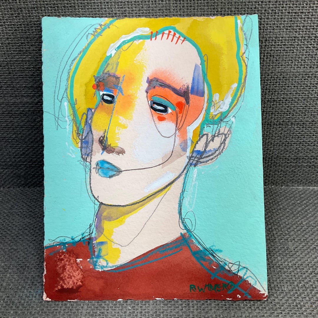Hand Painted Abstract Head Study, Unique Mixed Media Portrait on Heavy ...