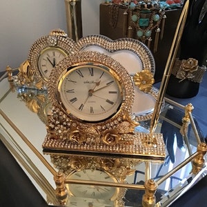 Designer Desk Clock and Pen Combo, Rhinestone and Gold, Dazzling Table Clock, Seth Thomas ...