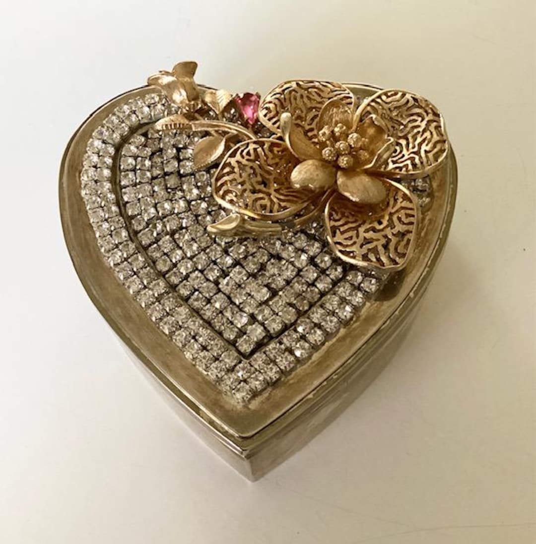 Vintage Silver Plate Heart Keepsake Box: Rhinestone Jeweled Vanity ...