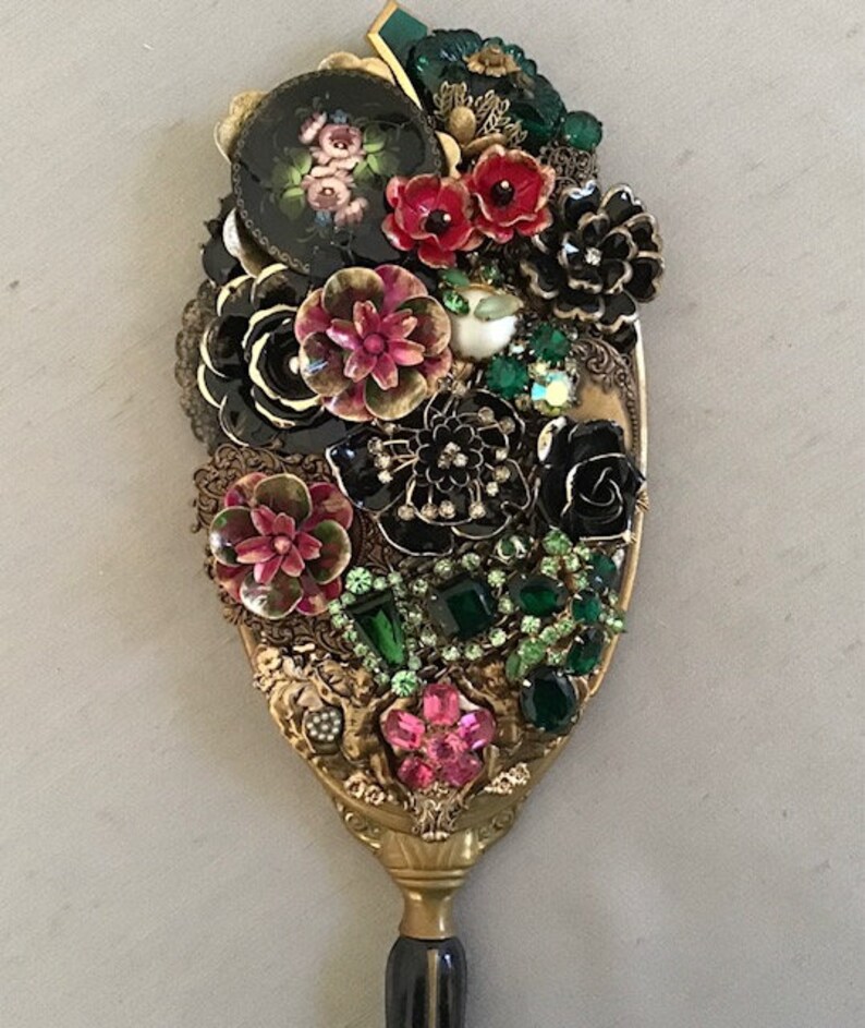 Hand Held Mirror Antique Art Deco Black and Brass Jewel - Etsy