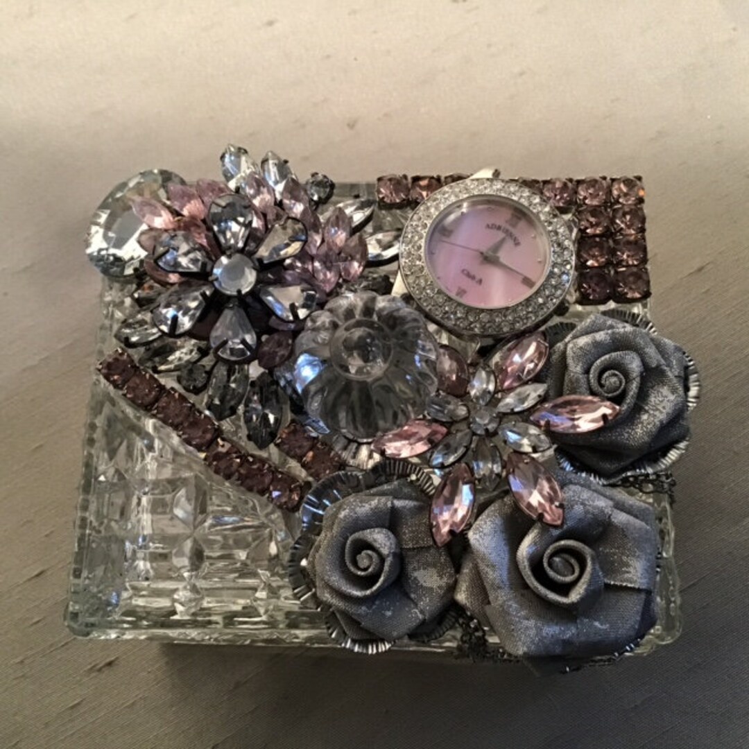 Cut Crystal Jeweled Trinket Box, Pink and Grey Keepsake or Jewelry Box ...
