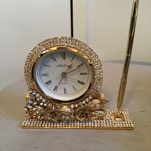 Designer Desk Clock and Pen Combo, Rhinestone and Gold, Dazzling Table Clock, Seth Thomas ...