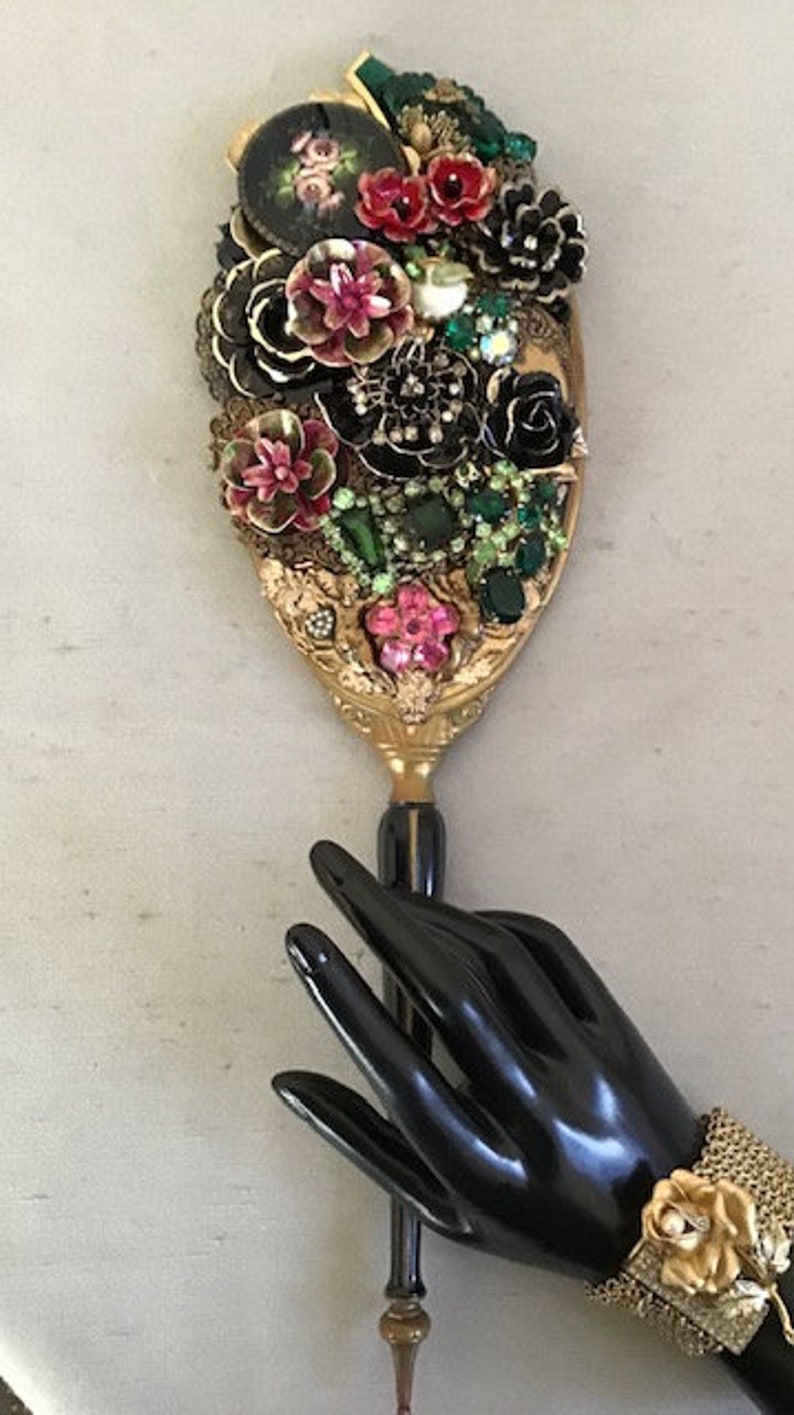 Hand Held Mirror Antique Art Deco Black and Brass Jewel - Etsy