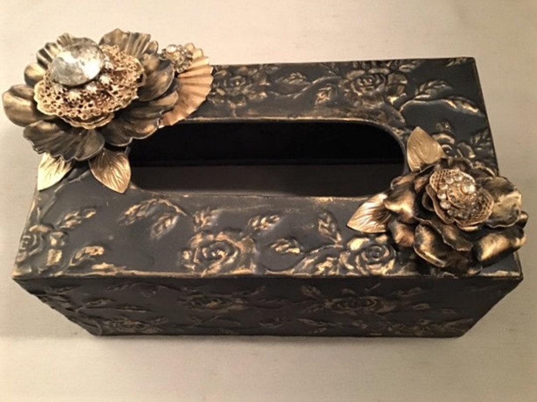 Tissue Box, Embossed, Bronze, Bejeweled, Rose and Vine Motif, Jeweled ...