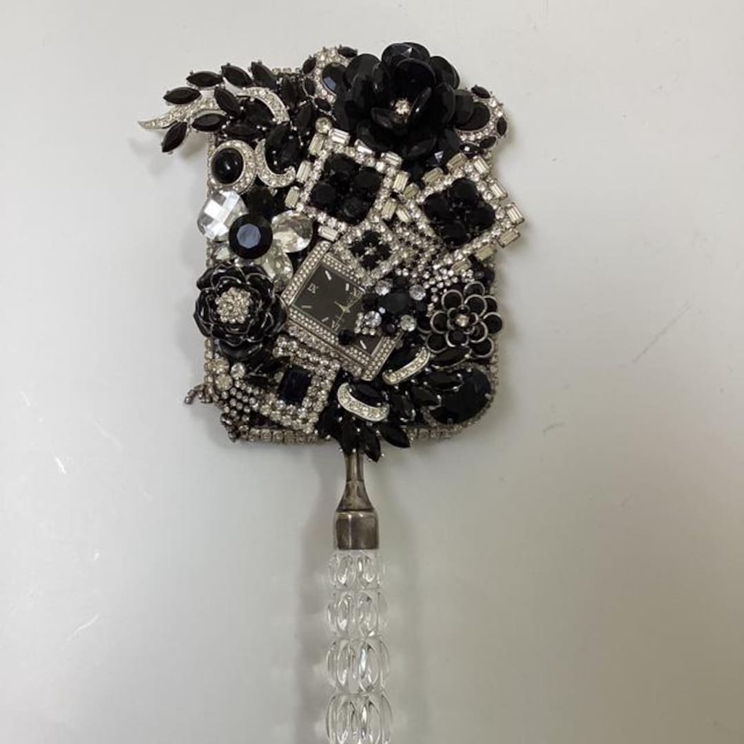 Rhinestone Jeweled Hand Mirror: Crystal Handle, Black & Clear Jewels - Etsy
