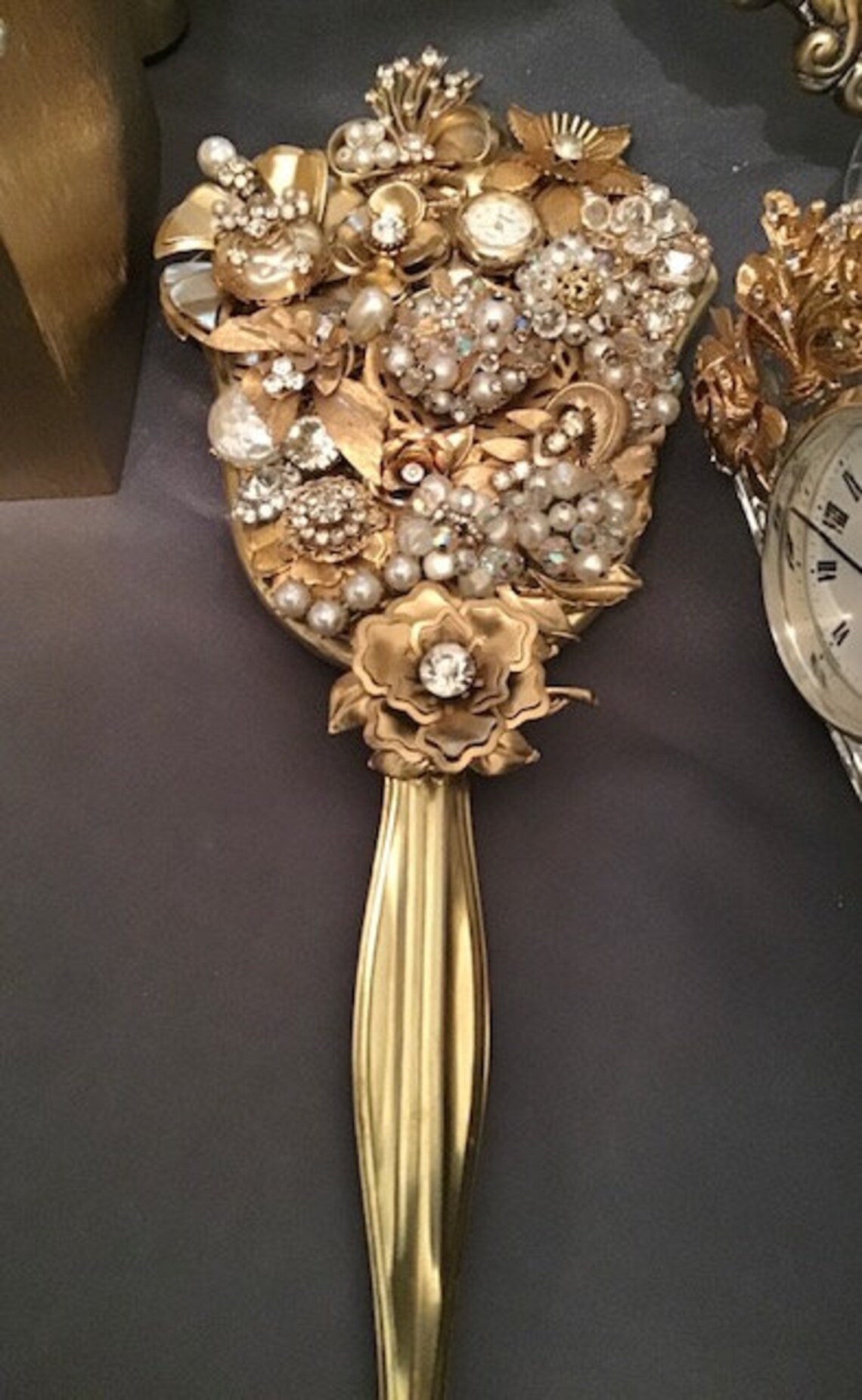 Hand/vanity Mirror Bejeweled Mirror Gold and Pearl Fine | Etsy