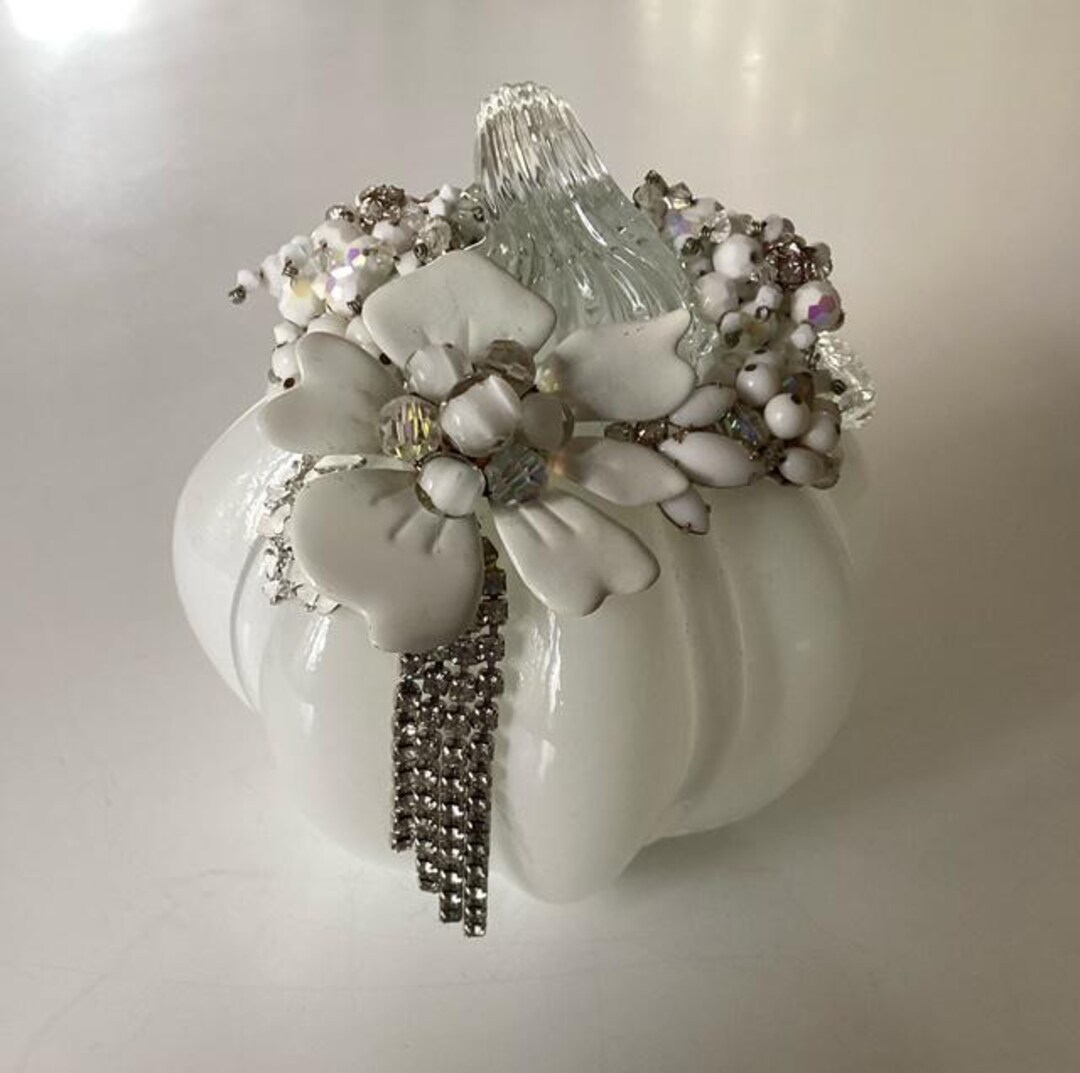 White Glass Pumpkin, Jeweled Pumpkin, Halloween Decor, Year Round Decor ...