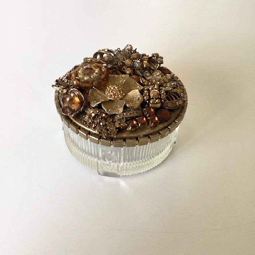 Vintage Jeweled Trinket Jar: Tangerine & Gold Rhinestone Lidded ...
