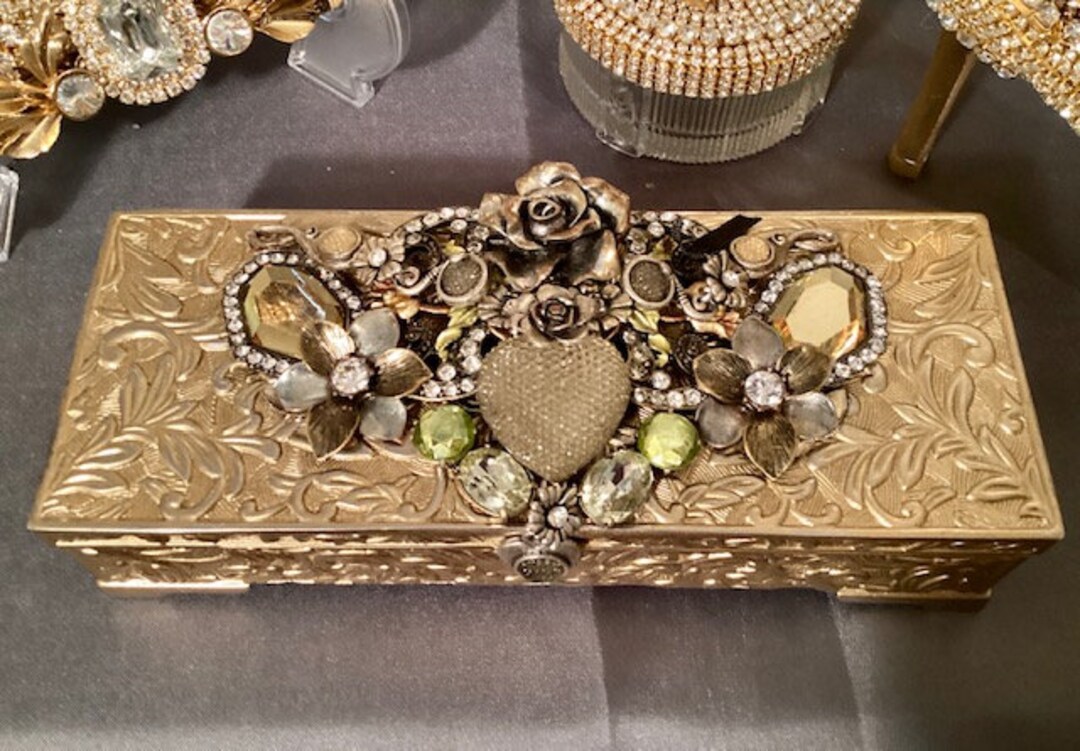 Godinger Vintage Silver Plate Box, Refinished in Gold, Jeweled Keepsake ...