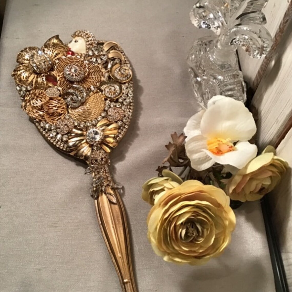 Vintage Hand Mirror Bejeweled Gold and Rhinestone Bedroom or | Etsy