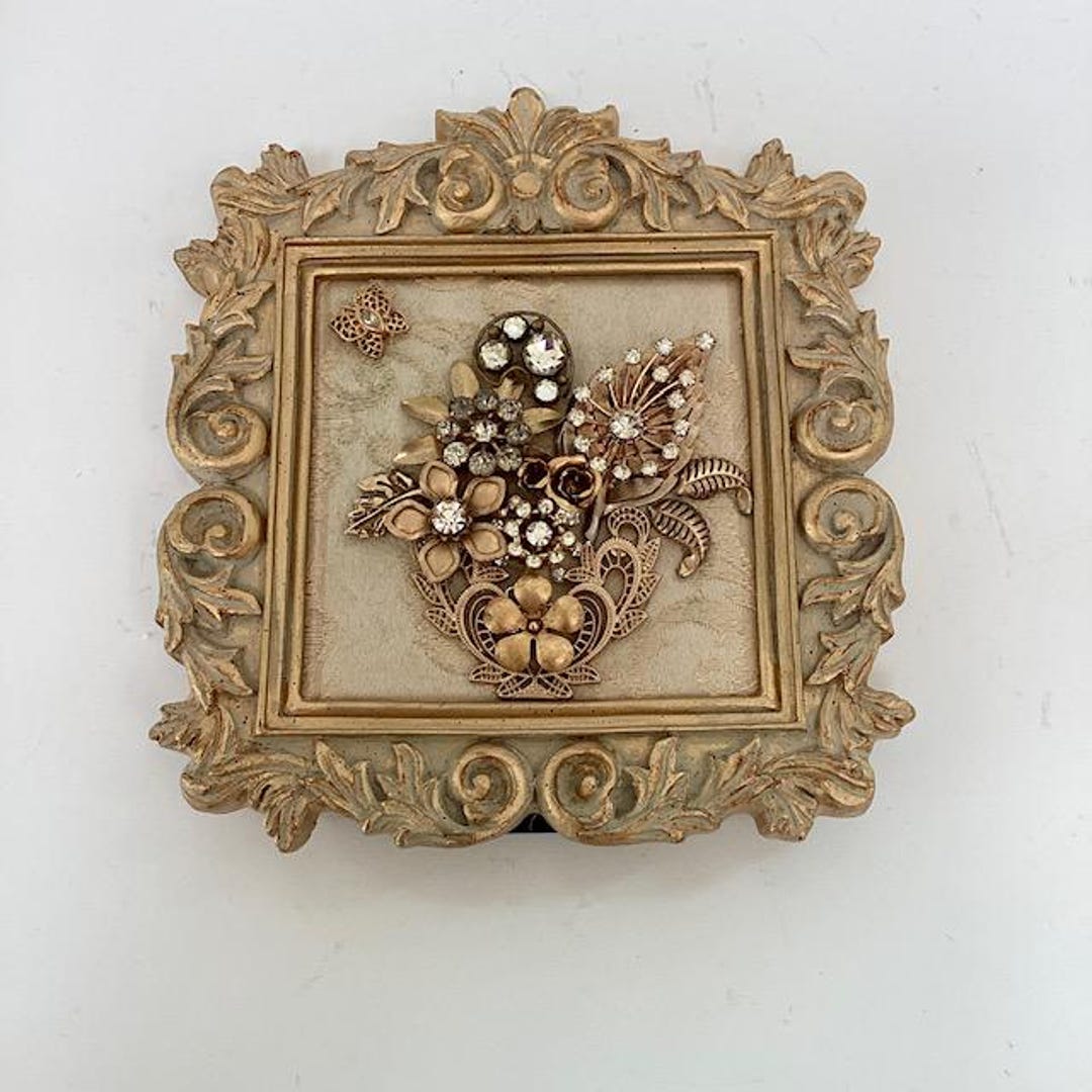 Framed Jewel Art, Ornate Cream and Gold Frame, Vintage Costume Jewels ...